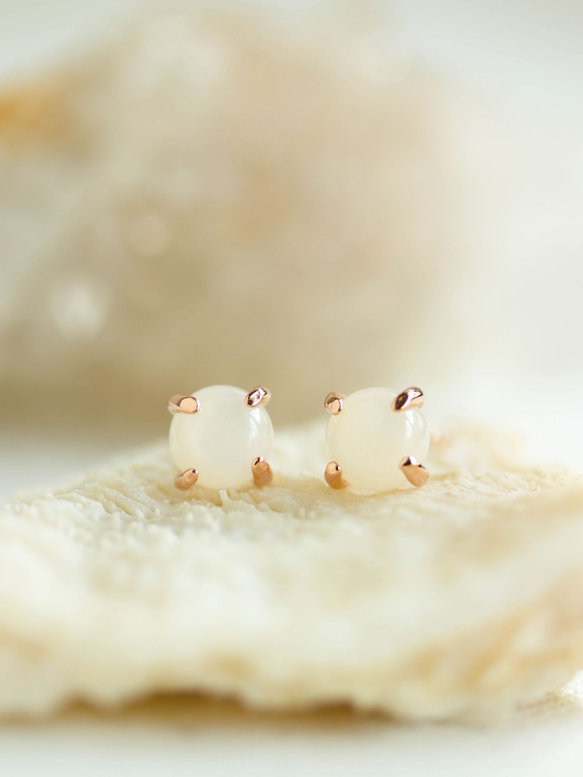Basic Ear Studs - White Moonstone in Rose Gold | Curious Creatures