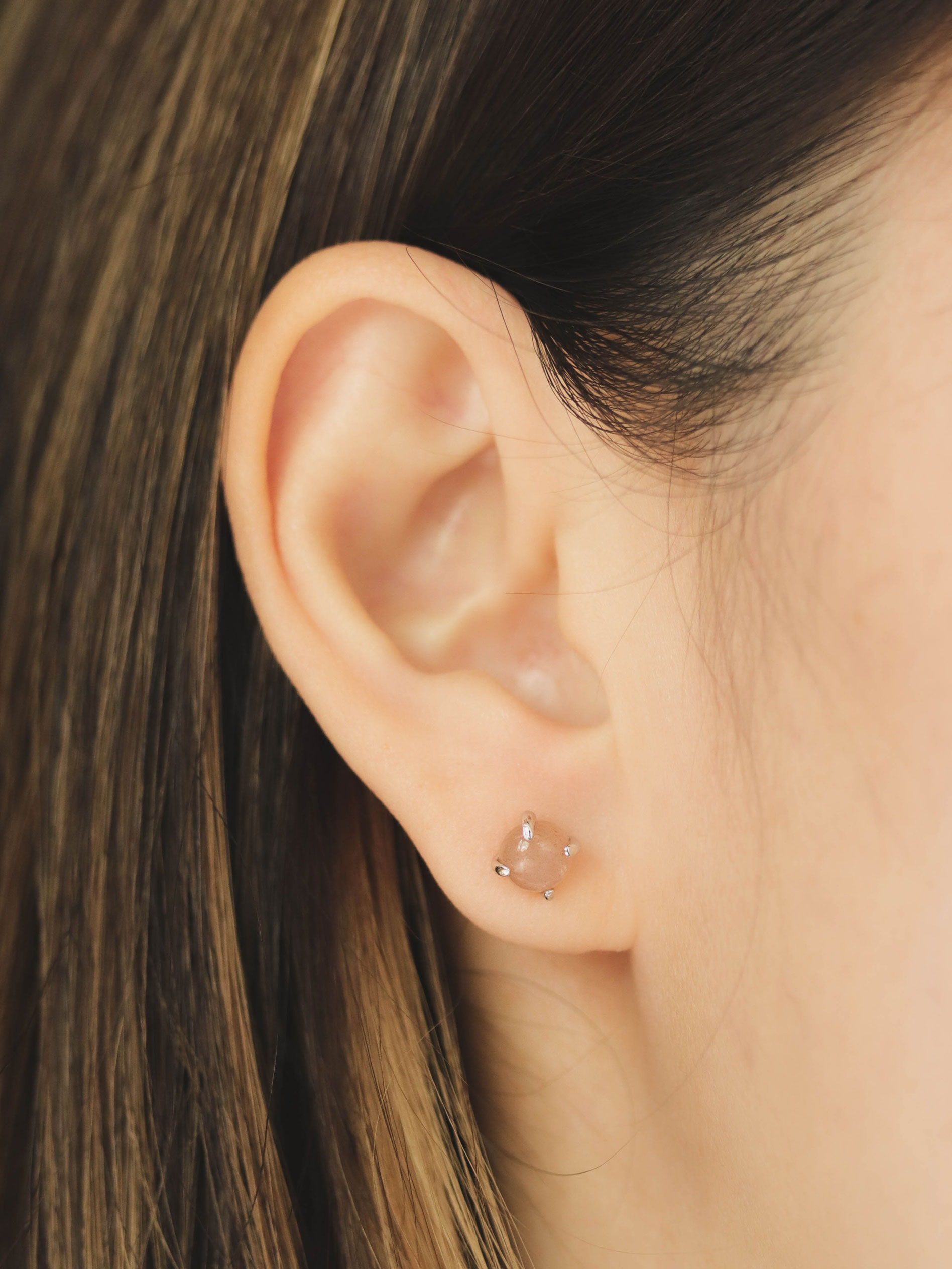 Basic Ear Studs - Peach Moonstone in Silver | Curious Creatures